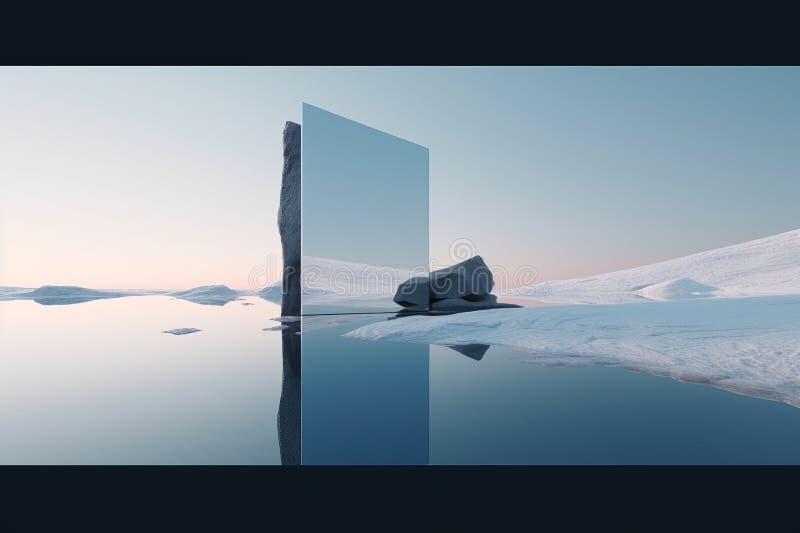 3d Rendering, Calm Water, Black Rocks Seashore, Rectangular Mirror and ...