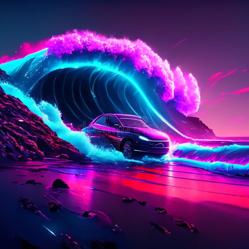 3D Rendering of a Car Driving through the Waves with Neon Lights AI ...