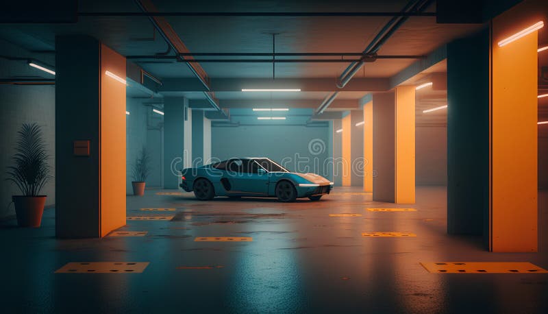 3d Rendering of a Car in an Empty Garage with Neon Lights Stock ...