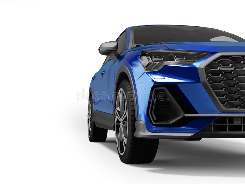 3D Rendering of Car in Front Blue on White Background with Shadows for ...
