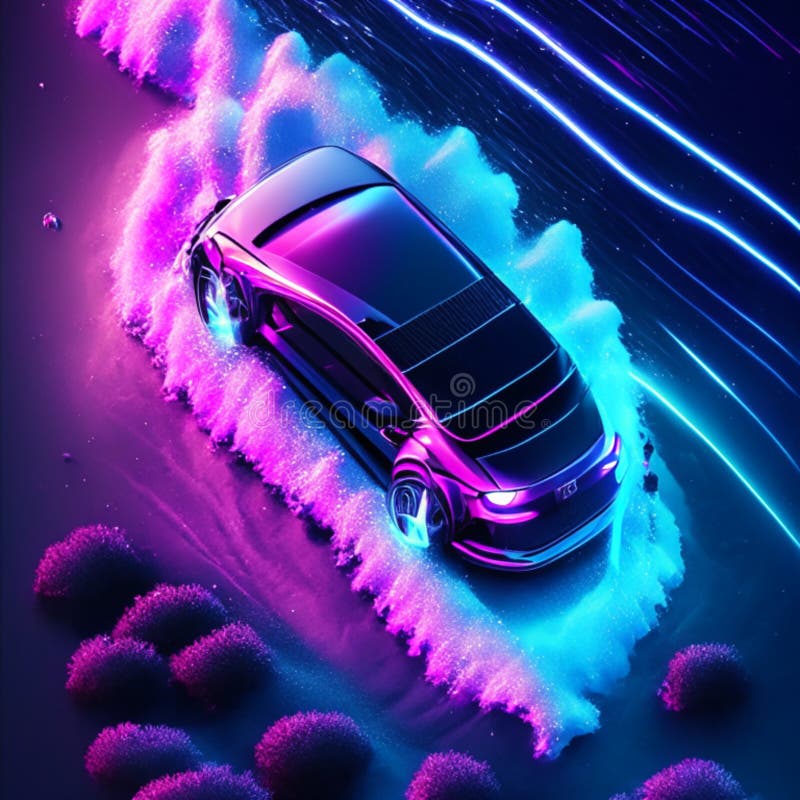 3d Rendering of a Car in Neon Light on a Blue Background Generative AI ...