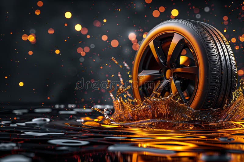 3d Rendering Car Wheel with Water Splash on Black Background. 3d ...