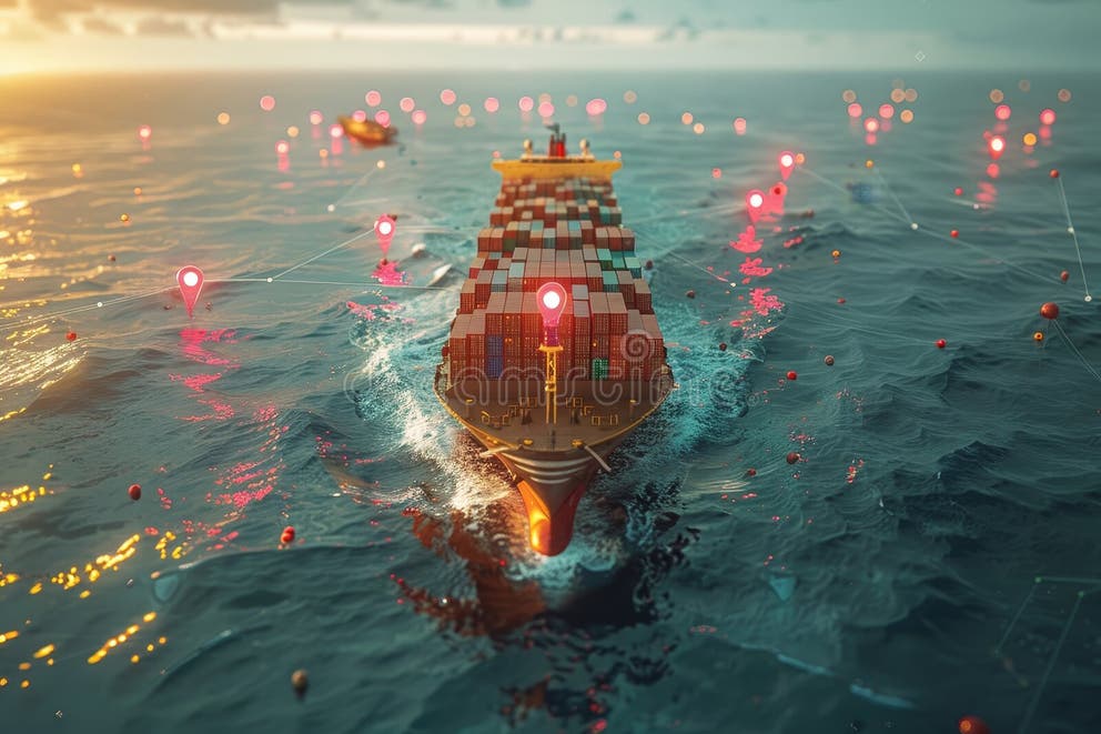 3d Rendering of a Cargo Ship with Containers at Sea, Showcasing Global Connectivity and Maps ...