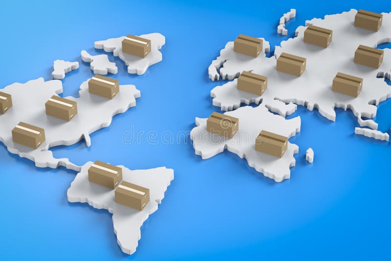 Cardboard boxes on map stock illustration. Illustration of globe ...