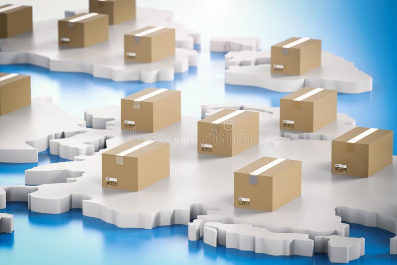 Cardboard boxes on map stock illustration. Illustration of rendering ...