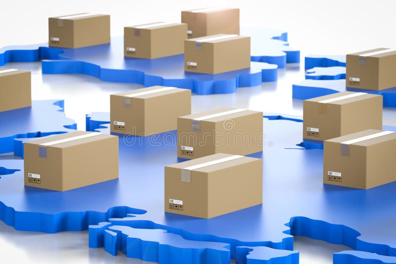 Cardboard boxes on map stock illustration. Illustration of rendering ...