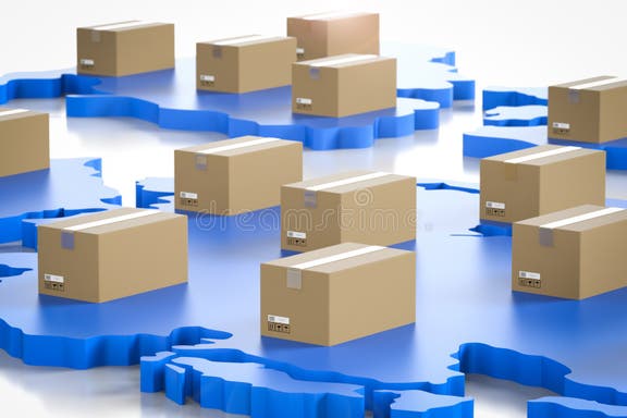 Cardboard boxes on map stock illustration. Illustration of rendering ...