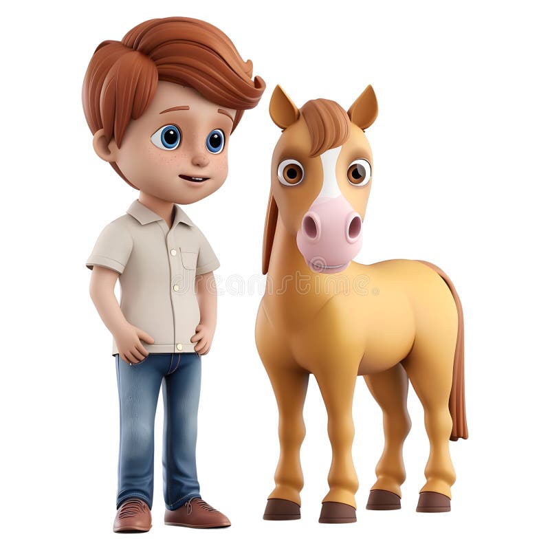 3D Rendering of a Cartoon of Boy Standing with Horse on Transparent ...