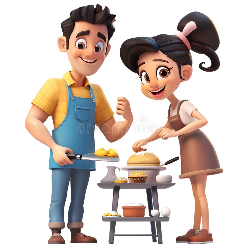3D Rendering of a Cartoon of Couple Cooking Together on Transparent ...