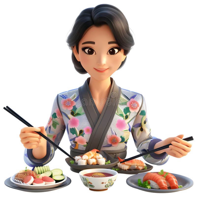 3D Rendering of a Cartoon of Girl Sitting and Eating on Table on ...