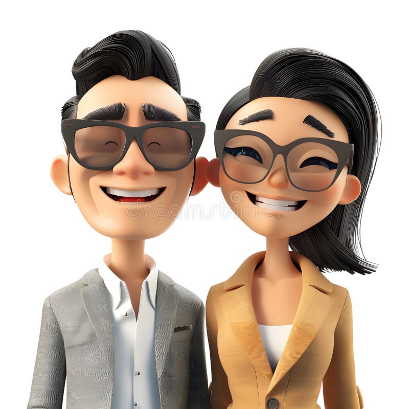 3D Rendering of a Cartoon of Happy Cute Couple Standing on Transparent ...