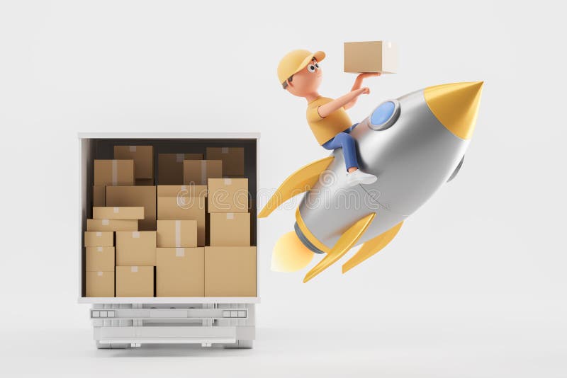 3d Rendering. Cartoon Man with Flying on a Rocket and Truck with Boxes ...