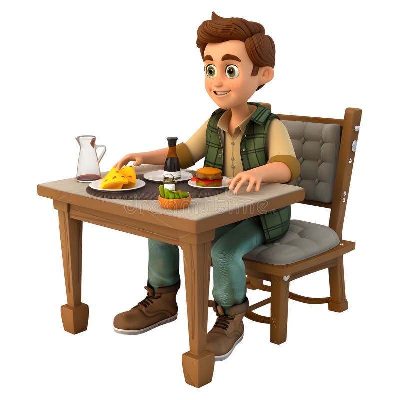 3D Rendering of a Cartoon of Man Sitting on Table and Eating on ...