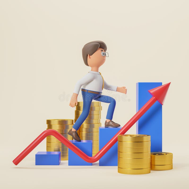 3d Rendering. Cartoon Man Stepping on Growing Chart, Success and Work ...