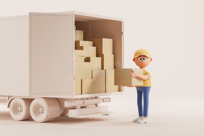 3d Rendering. Cartoon Man and Truck with Boxes, Loader and Delivery ...