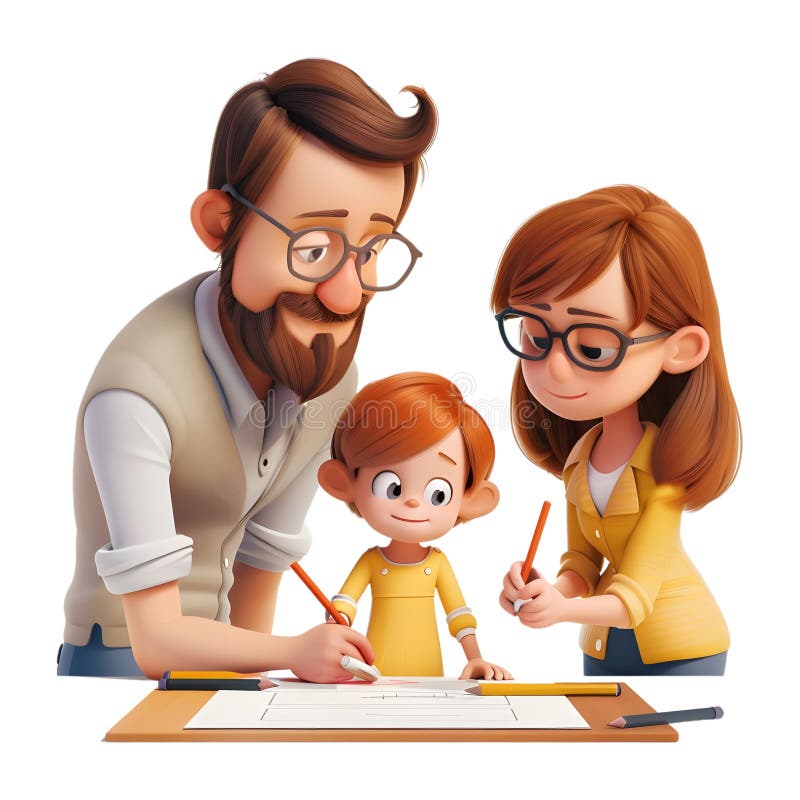 3D Rendering of a Cartoon of Parents Teaching Their Child on ...