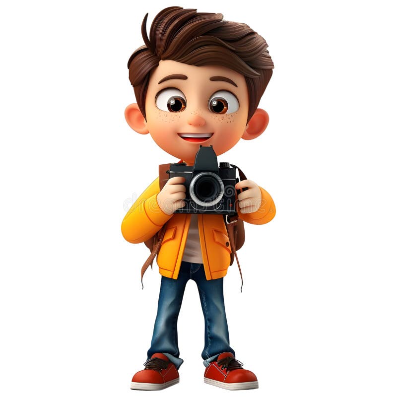 3D Rendering of a Cartoon of Traveler Boy Having DSLR Camera in Hands ...