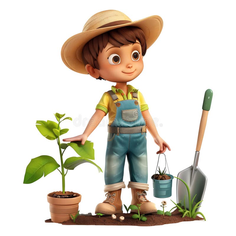 3D Rendering of a Cartoon of Young Boy Planting Trees on Transparent ...