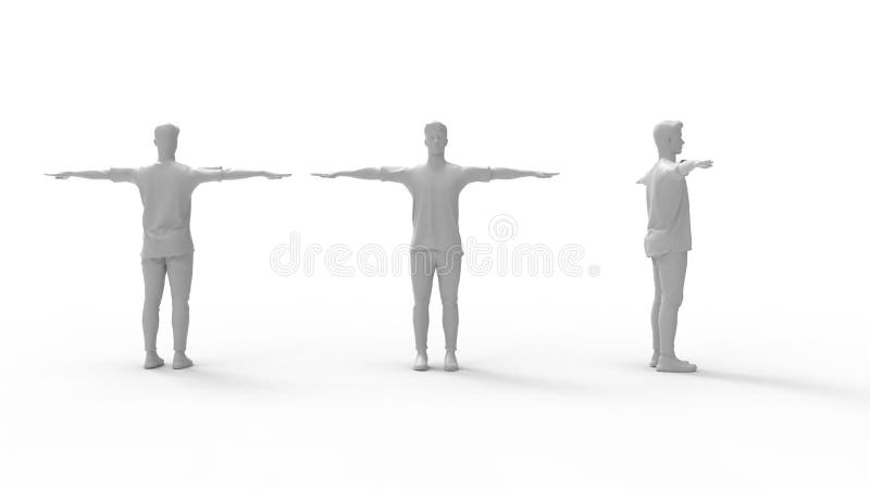 3D Rendering of a Casual Man Front Side and Back View. Arms Spread ...
