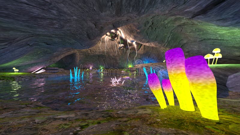 3D Rendering of in the Cave Stock Illustration - Illustration of lake ...