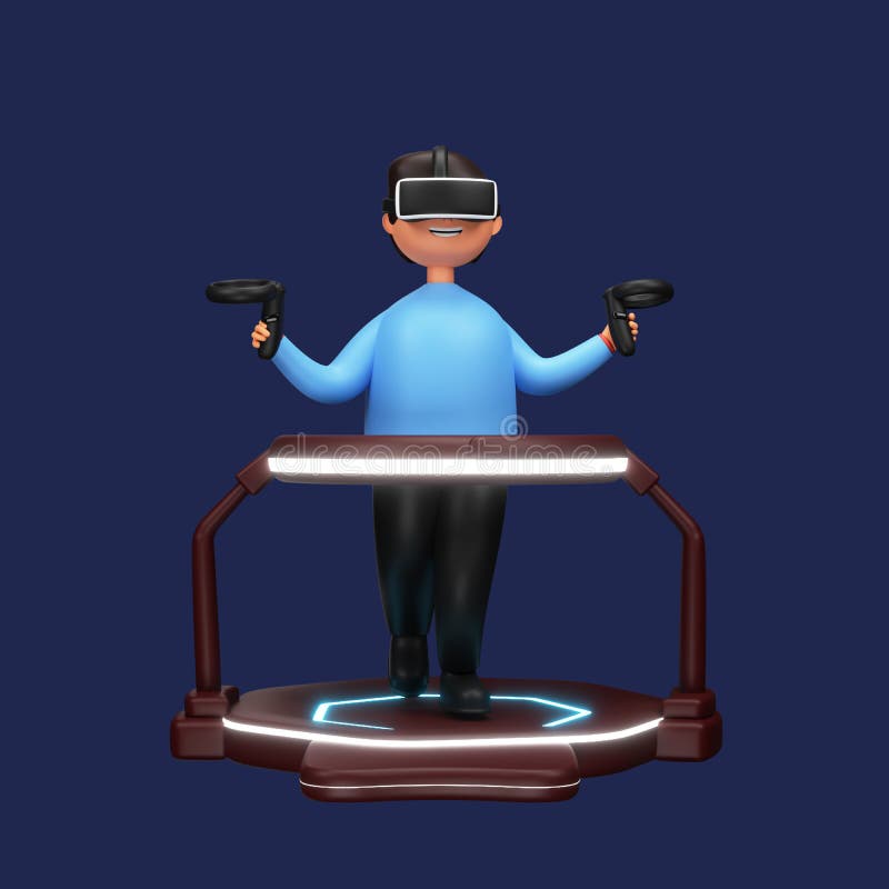 3D Rendering Cheerful Male Character Wearing VR Glasses with Controller ...