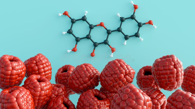 A 3d Rendering of Quercetin Molecule and Raspberries Stock Illustration ...