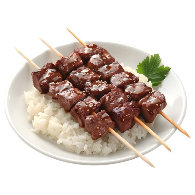 3D Rendering of a Chicken Pieces on Stick on White Rice on Transparent ...