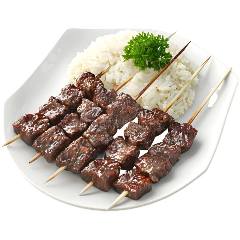 3D Rendering of a Chicken Pieces on Stick on White Rice on Transparent ...