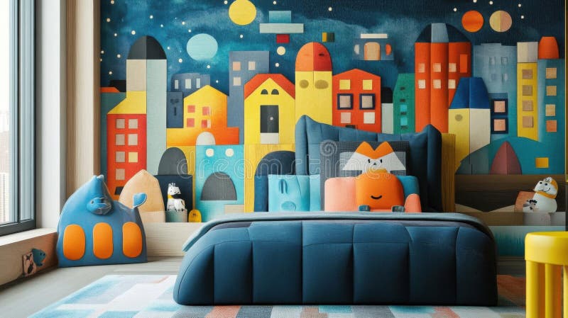 3D Rendering of a Childrens Room with a Blue Bed and Toys Stock ...