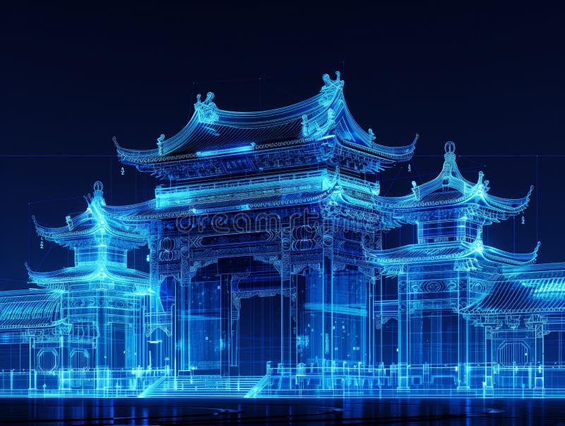 3d Rendering of Chinese Architecture with Blue Lights in the Night ...