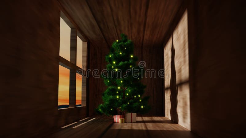 3D Rendering, Christmas Tree and Gift Box in the Home Stock ...