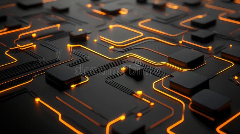 A 3D Rendering of a Circuit Board with Black Squares and Orange Lines ...