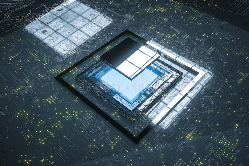 3d Rendering, Circuit Board and Blue Glow Chip Stock Photo - Image of ...