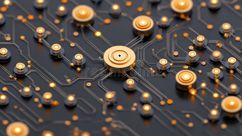 A 3D Rendering of a Circuit Board with Gold Colored Resistors and ...