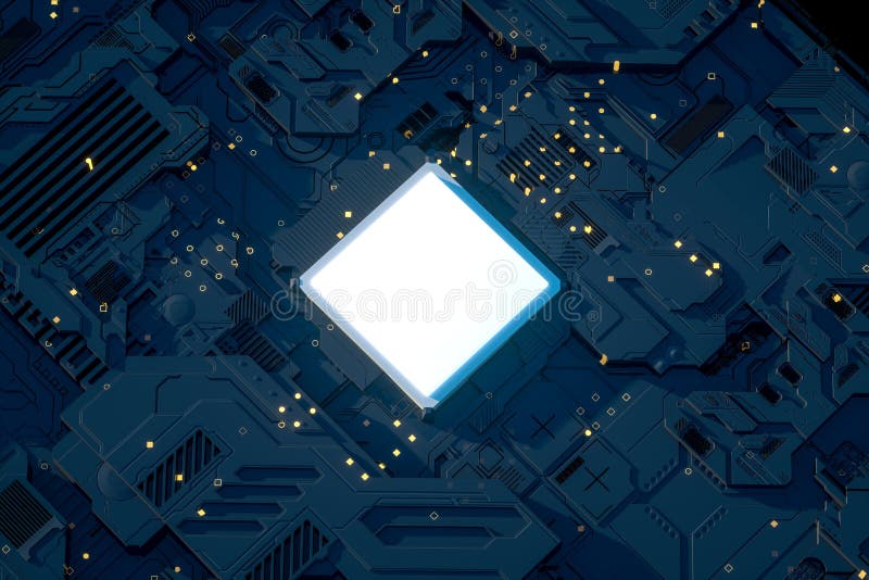 3d Rendering, Circuit Board and Gold Glow Chip Stock Illustration ...