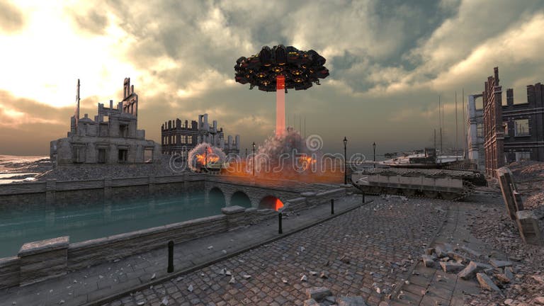 3D Rendering of the Cities Under Attack by Spaceship Stock Illustration ...