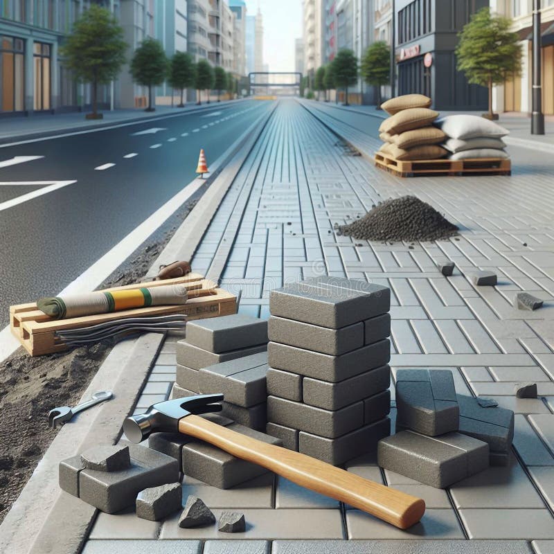 A 3D Rendering of a City Street Under Construction, with Bricks, Tools ...