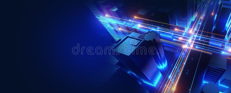 3D Rendering, Cityscape with Glowing Data Lines, Dolly Rotate Camera ...