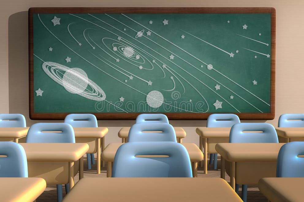 3D Rendering of Class Room with a Solar System Chalk Drawing on a ...