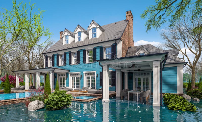 3d Rendering of Classic House in Colonial Style in Spring Flood Stock ...