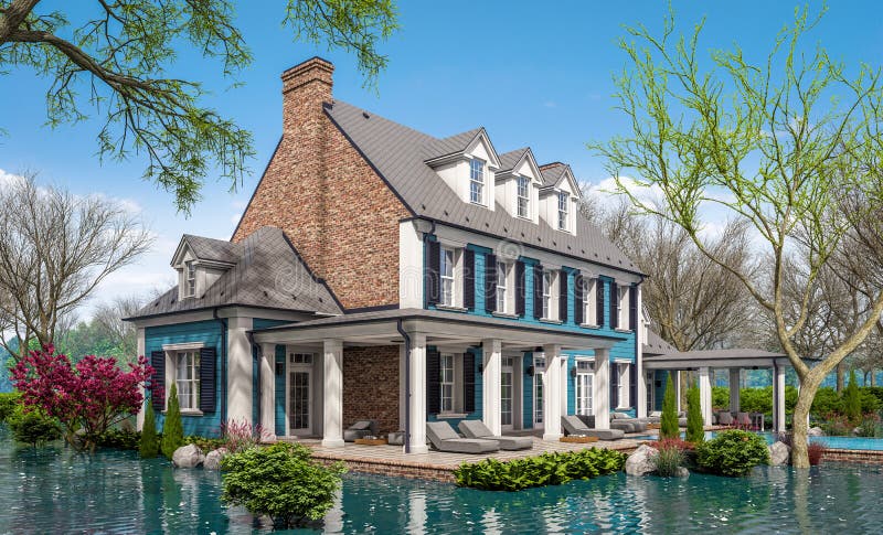 3d Rendering of Classic House in Colonial Style in Spring Flood Stock ...