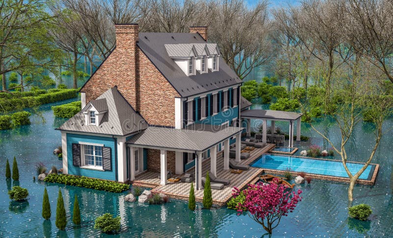 3d Rendering of Classic House in Colonial Style in Spring Flood Stock ...