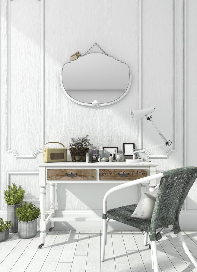 3d Rendering Classic White Room with Make Up Table Stock Illustration ...