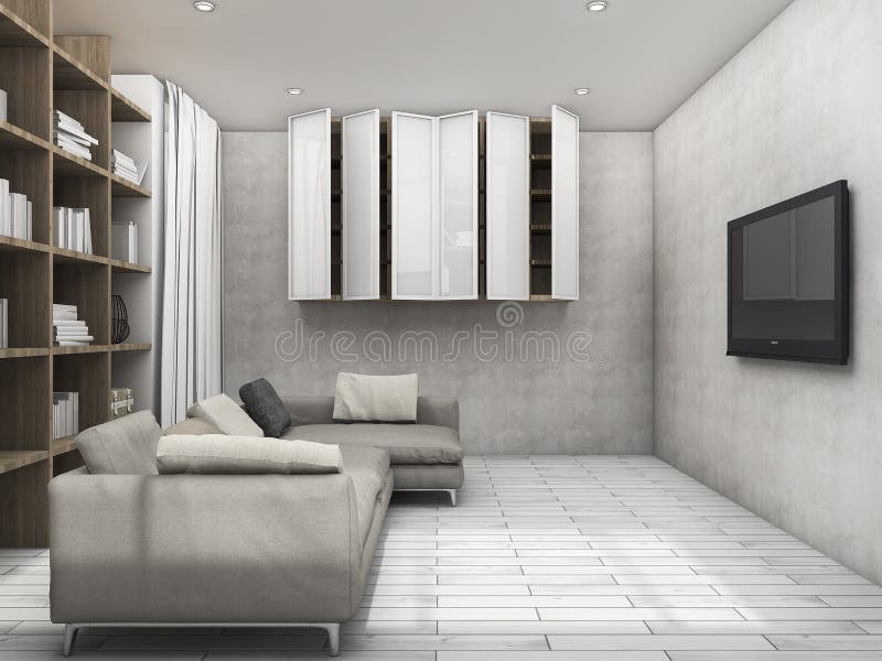 3d Rendering Clean Living Room with Bookshelf and Tv Stock Illustration ...