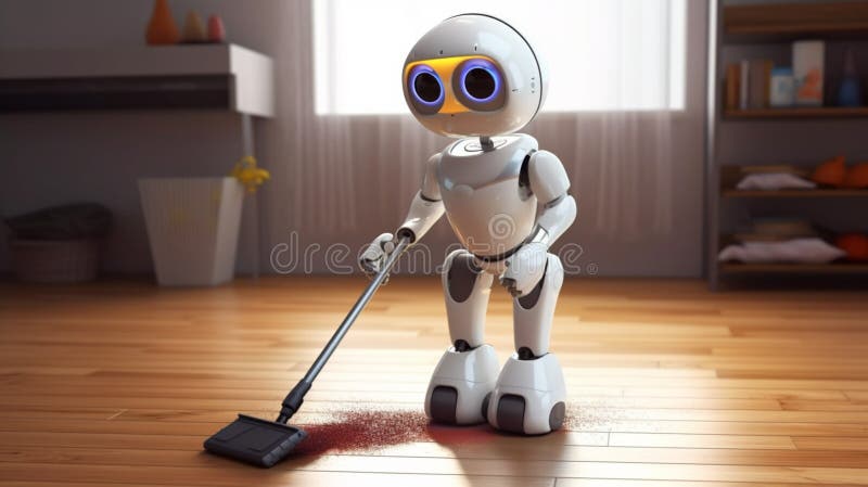 3D Rendering of a Cleaning Robot Worker Cleaning the Floor with a ...