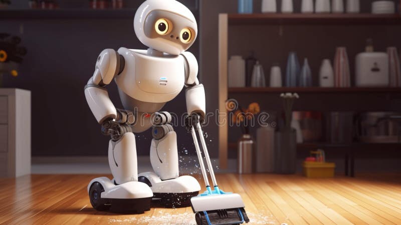 3D Rendering of a Cleaning Robot Worker Cleaning the Floor with a ...