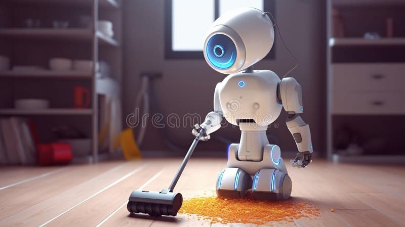 3D Rendering of a Cleaning Robot Worker Cleaning the Floor with a ...
