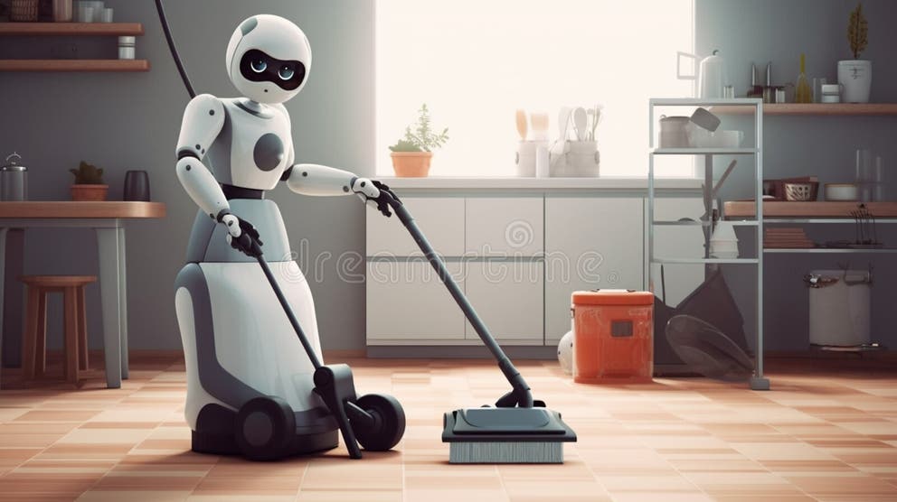 3D Rendering of a Cleaning Robot Worker Cleaning the Kitchen with a Vacuum Cleaner. Stock ...