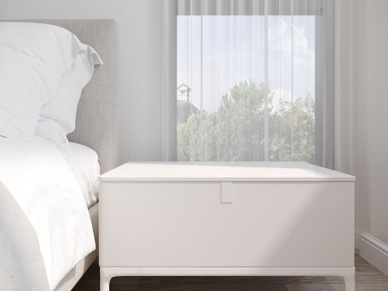 3D Rendering Close Up of Night Table or Bedside Table with Modern Bed ...