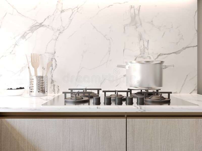3D Rendering Close Up of Counter Kitchen with Gas Stove Stock Illustration - Illustration of ...